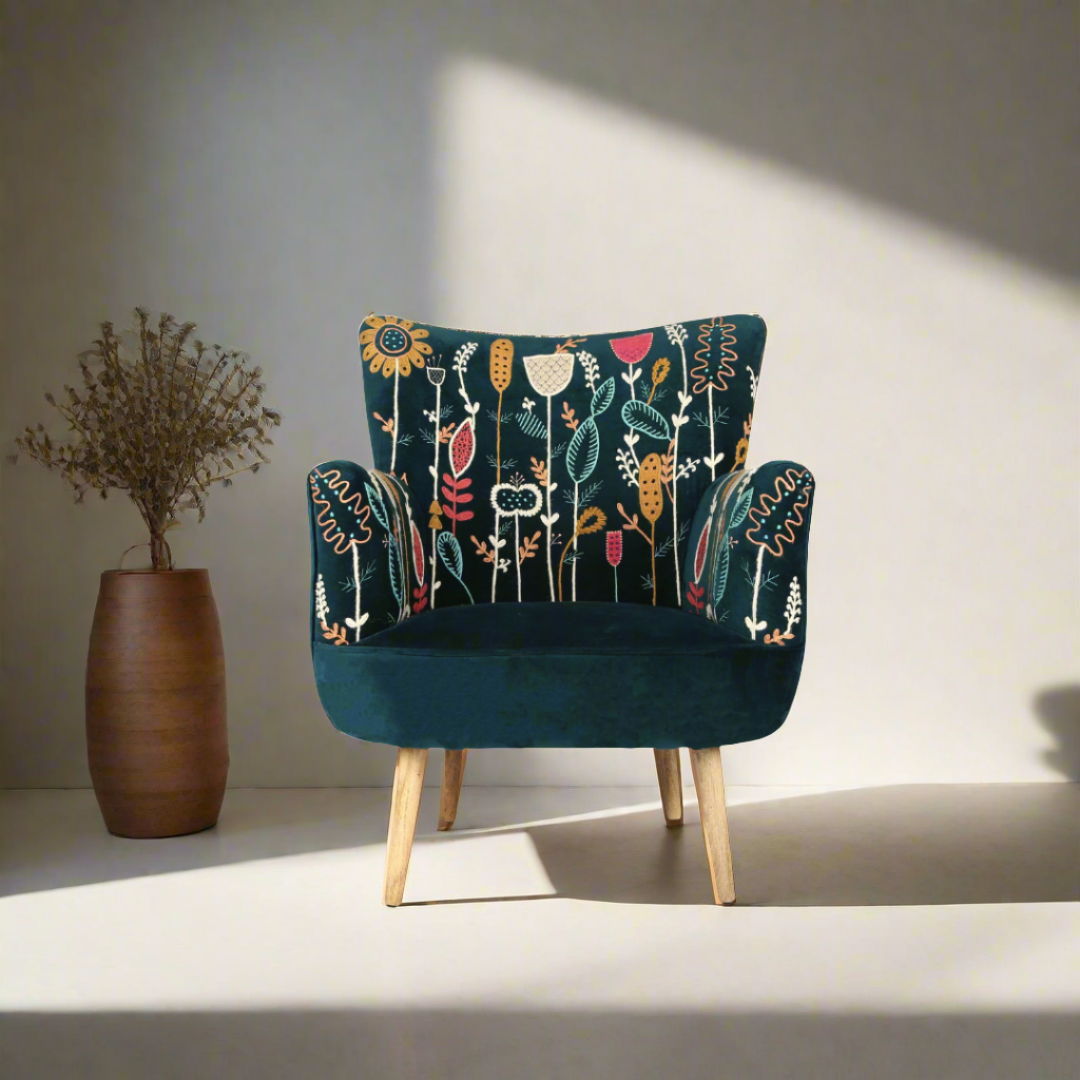 Prairie Embroidered Armchair Velvet Teal – WowCornwall